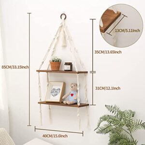 2 Tier Macrame Boho Wall Hanging Shelf, Handmade Bohemian Wooden Woven Plants Floating Shelves Decor, Decorative Chic Rope Crystal Holder Organizer for Bathroom Bedroom Kitchen Home Nursery Storage