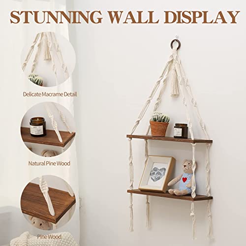 2 Tier Macrame Boho Wall Hanging Shelf, Handmade Bohemian Wooden Woven Plants Floating Shelves Decor, Decorative Chic Rope Crystal Holder Organizer for Bathroom Bedroom Kitchen Home Nursery Storage