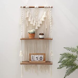 2 tier macrame boho wall hanging shelf, handmade bohemian wooden woven plants floating shelves decor, decorative chic rope crystal holder organizer for bathroom bedroom kitchen home nursery storage