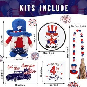 Patriotic Decorations, 5Pcs 4th of July Tiered Tray Decor, Farmhouse 3 Independence Day Decor Wood Signs, Gnome Plush and Bead Garland, Truck Full of Memorial Day Decor for Home Table Kitchen Office