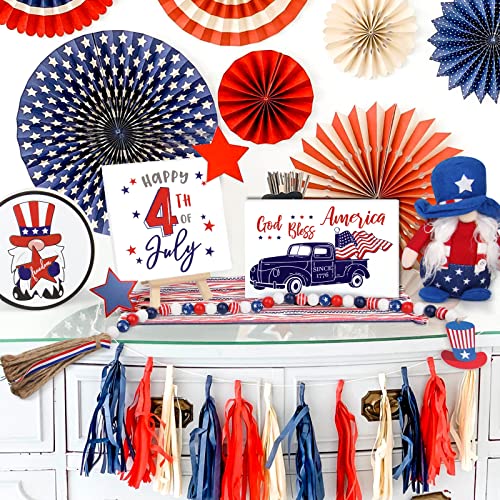 Patriotic Decorations, 5Pcs 4th of July Tiered Tray Decor, Farmhouse 3 Independence Day Decor Wood Signs, Gnome Plush and Bead Garland, Truck Full of Memorial Day Decor for Home Table Kitchen Office