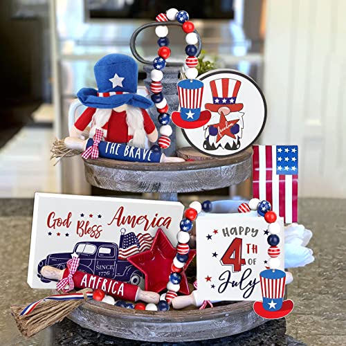 Patriotic Decorations, 5Pcs 4th of July Tiered Tray Decor, Farmhouse 3 Independence Day Decor Wood Signs, Gnome Plush and Bead Garland, Truck Full of Memorial Day Decor for Home Table Kitchen Office