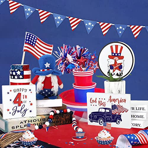 Patriotic Decorations, 5Pcs 4th of July Tiered Tray Decor, Farmhouse 3 Independence Day Decor Wood Signs, Gnome Plush and Bead Garland, Truck Full of Memorial Day Decor for Home Table Kitchen Office