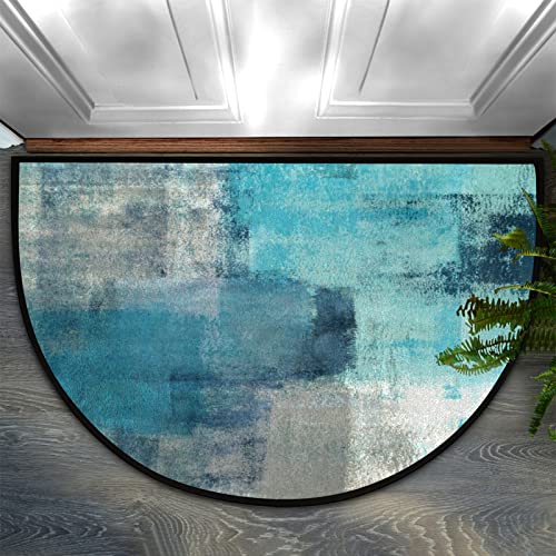 Turquoise Grey Abstract Half Round Door mat Teal Modern Art Non-Slip Soft Half Circle Area Rug Washable Durable Decor Half Moon Hearth Rugs for Floor Indoor Living Room Bedroom Kitchen Fireplace Rug