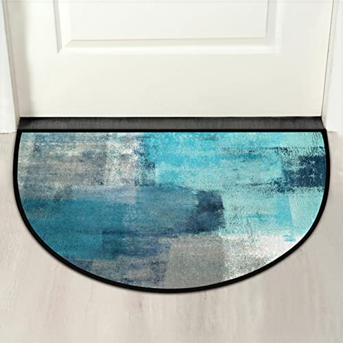 Turquoise Grey Abstract Half Round Door mat Teal Modern Art Non-Slip Soft Half Circle Area Rug Washable Durable Decor Half Moon Hearth Rugs for Floor Indoor Living Room Bedroom Kitchen Fireplace Rug