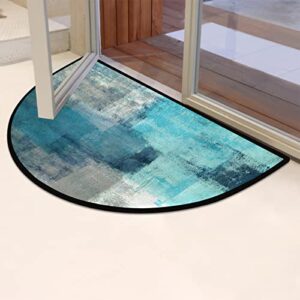 Turquoise Grey Abstract Half Round Door mat Teal Modern Art Non-Slip Soft Half Circle Area Rug Washable Durable Decor Half Moon Hearth Rugs for Floor Indoor Living Room Bedroom Kitchen Fireplace Rug