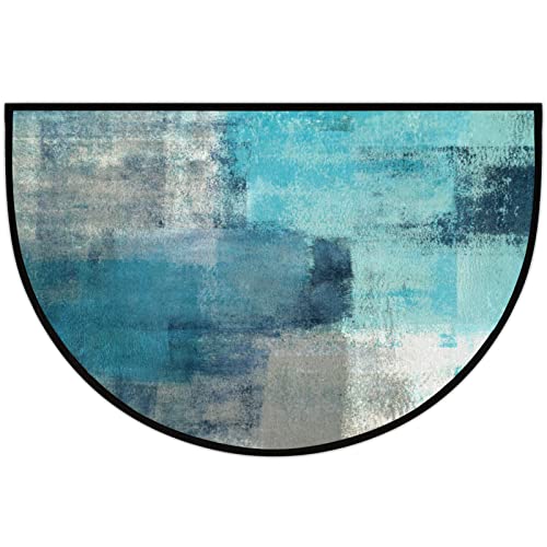 Turquoise Grey Abstract Half Round Door mat Teal Modern Art Non-Slip Soft Half Circle Area Rug Washable Durable Decor Half Moon Hearth Rugs for Floor Indoor Living Room Bedroom Kitchen Fireplace Rug