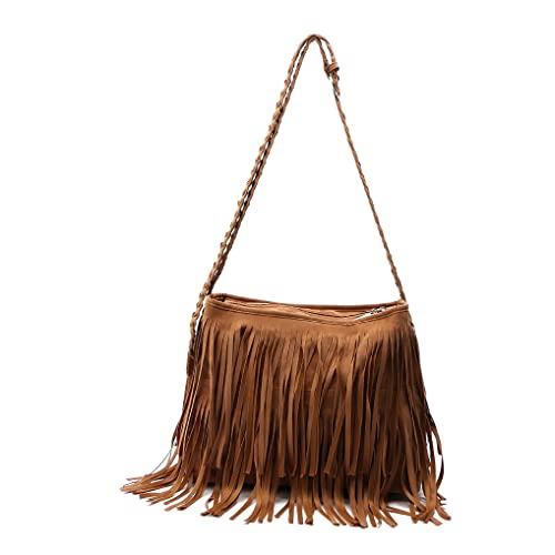 Maxzoom Womens Hippie Suede Fringe Tassel Messenger Bag Hobo Shoulder Bags Crossbody Handbag (brown)