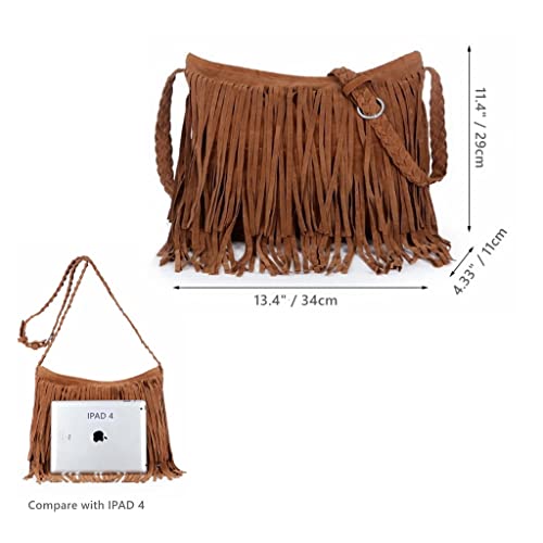 Maxzoom Womens Hippie Suede Fringe Tassel Messenger Bag Hobo Shoulder Bags Crossbody Handbag (brown)