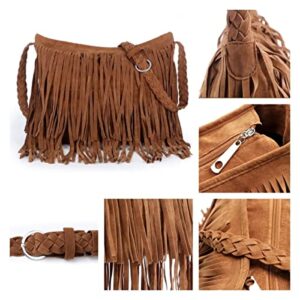 Maxzoom Womens Hippie Suede Fringe Tassel Messenger Bag Hobo Shoulder Bags Crossbody Handbag (brown)