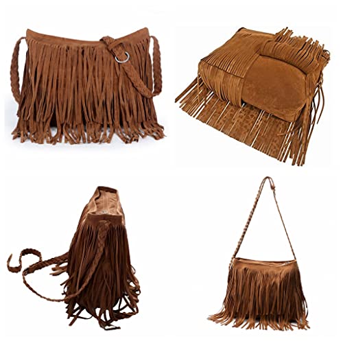 Maxzoom Womens Hippie Suede Fringe Tassel Messenger Bag Hobo Shoulder Bags Crossbody Handbag (brown)