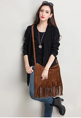 Maxzoom Womens Hippie Suede Fringe Tassel Messenger Bag Hobo Shoulder Bags Crossbody Handbag (brown)