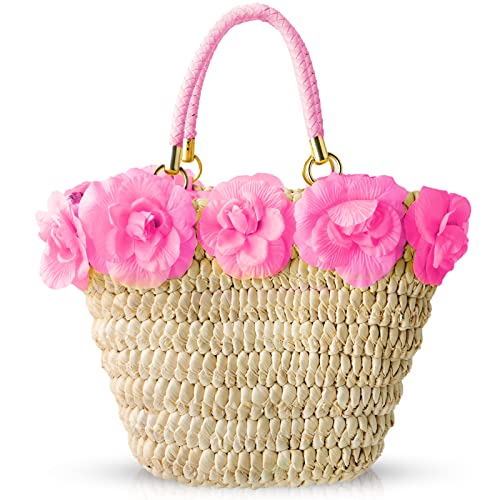 QTKJ Beach Bag for Women, Straw Handmade Handbag, Pink Leather Braided Handle and Flower Decoration, Boho Retro Woven Shoulder Bag, Large Tote Bag for Vacation Travel Work