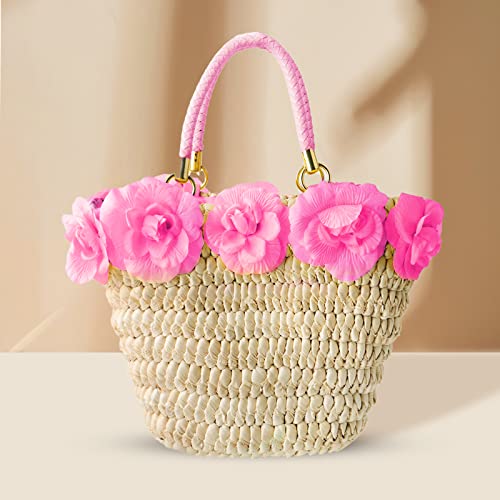 QTKJ Beach Bag for Women, Straw Handmade Handbag, Pink Leather Braided Handle and Flower Decoration, Boho Retro Woven Shoulder Bag, Large Tote Bag for Vacation Travel Work