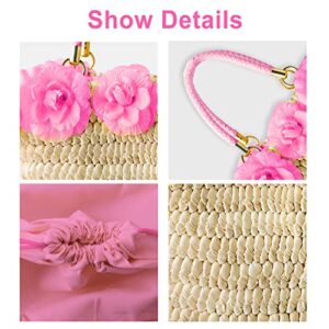 QTKJ Beach Bag for Women, Straw Handmade Handbag, Pink Leather Braided Handle and Flower Decoration, Boho Retro Woven Shoulder Bag, Large Tote Bag for Vacation Travel Work