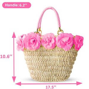 QTKJ Beach Bag for Women, Straw Handmade Handbag, Pink Leather Braided Handle and Flower Decoration, Boho Retro Woven Shoulder Bag, Large Tote Bag for Vacation Travel Work