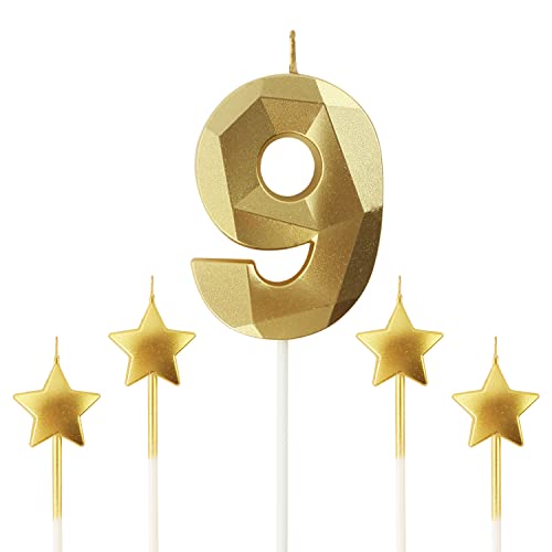 Golden Number 9 Birthday Candles and Star Birthday Candles 2.76 inch Birthday Cake Candles 3D Diamond Shaped Candles are Suitable for Birthday Parties and Anniversary Cake Decorations Candles(Gold 9)