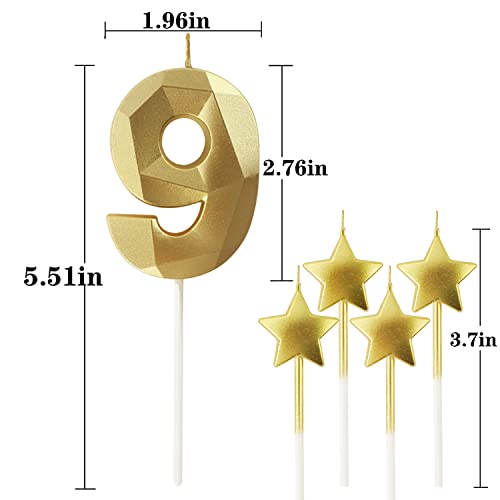 Golden Number 9 Birthday Candles and Star Birthday Candles 2.76 inch Birthday Cake Candles 3D Diamond Shaped Candles are Suitable for Birthday Parties and Anniversary Cake Decorations Candles(Gold 9)