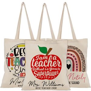 personalized teacher’s appreciaton camvas tote bags w/name & text – 9 design custom teachers day bag gifts for teacher customized canvas gift women shoulder birthday c1 beige 15”x 16” inches