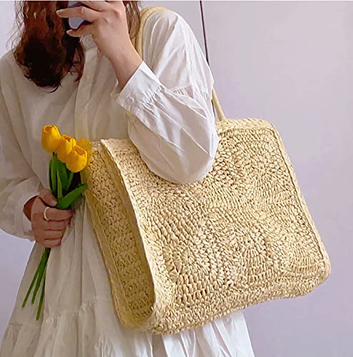 Handwoven Straw Vintage Purse Bag Bohemian Large Straw Beach Bag Chic Casual Handbag Shoulder Bag Tote Rattan Vacation Bag