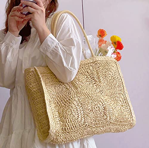 Handwoven Straw Vintage Purse Bag Bohemian Large Straw Beach Bag Chic Casual Handbag Shoulder Bag Tote Rattan Vacation Bag