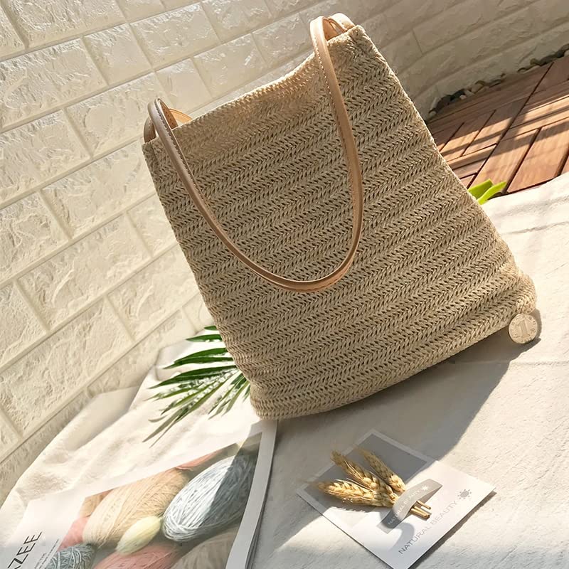 PANYUYI Women Straw Beach Bag Straw Bag Tote Buckets Totes Beach Shoulder Bag Beach Tote Bag Summer Handbag Straw Woven Purse (Large, Light Beige)