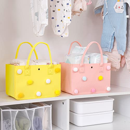 Yesesion 2 Pack Felt Storage Basket with Handle,Collapsible Baby Diaper Caddy Organizer, Portable Nursery Storage Bin for Bottles, Closet, Toys, Cute Tote Bags for Kids/Women (Medium-Pink/Yellow)