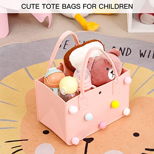 Yesesion 2 Pack Felt Storage Basket with Handle,Collapsible Baby Diaper Caddy Organizer, Portable Nursery Storage Bin for Bottles, Closet, Toys, Cute Tote Bags for Kids/Women (Medium-Pink/Yellow)