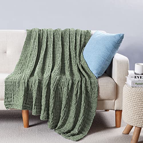 Milvowoc Fluffy Chenille Knitted Throw Blanket 60 x 80 Inch Impressive Texture Sage Green Chenille Knit Blanket for Bed Sofa Couch Chair and Living Room