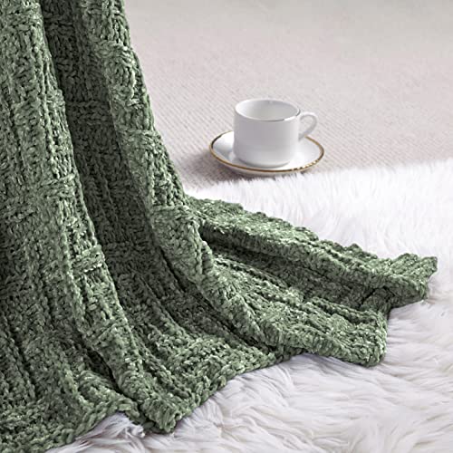 Milvowoc Fluffy Chenille Knitted Throw Blanket 60 x 80 Inch Impressive Texture Sage Green Chenille Knit Blanket for Bed Sofa Couch Chair and Living Room