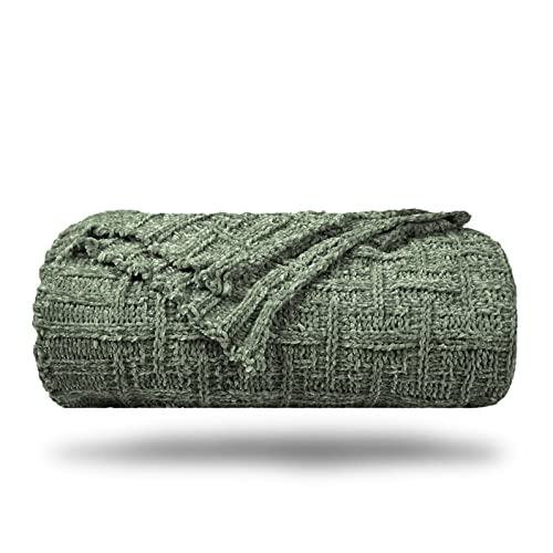 Milvowoc Fluffy Chenille Knitted Throw Blanket 60 x 80 Inch Impressive Texture Sage Green Chenille Knit Blanket for Bed Sofa Couch Chair and Living Room