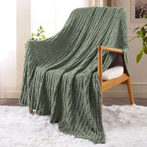 Milvowoc Fluffy Chenille Knitted Throw Blanket 60 x 80 Inch Impressive Texture Sage Green Chenille Knit Blanket for Bed Sofa Couch Chair and Living Room