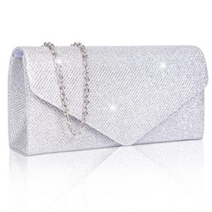 larcenciel silver clutch purses for women evening, sparkly envelope clutch evening bag w/chain, elegant crossbody shoulder handbag, shiny party prom purse bride wedding guest clutch dress carry on bag