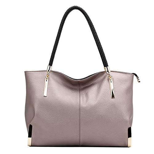 Leather Handbags for Women, Split Cowhide Ladies Large Totes Zipper Closure Top-handle Bags Womens Large Shoulder Purses and Handbags Women's Fashion Pocketbooks with Woven Handle (Rose Gold)