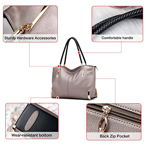 Leather Handbags for Women, Split Cowhide Ladies Large Totes Zipper Closure Top-handle Bags Womens Large Shoulder Purses and Handbags Women's Fashion Pocketbooks with Woven Handle (Rose Gold)