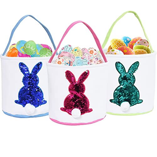 3 Pcs Easter Bunny Basket Bags for Kids - Color Changing Reusable Easter Egg Baskets - Perfect for Girls & Boys Easter Egg Hunts (Pink, Blue, Green)