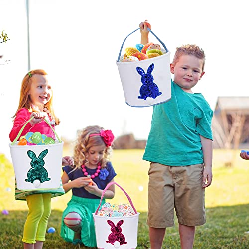 3 Pcs Easter Bunny Basket Bags for Kids - Color Changing Reusable Easter Egg Baskets - Perfect for Girls & Boys Easter Egg Hunts (Pink, Blue, Green)