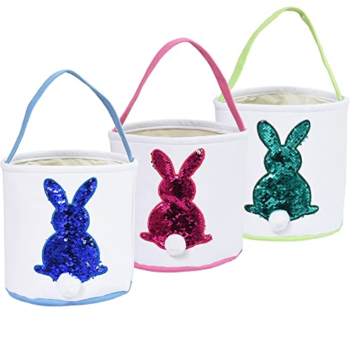 3 Pcs Easter Bunny Basket Bags for Kids - Color Changing Reusable Easter Egg Baskets - Perfect for Girls & Boys Easter Egg Hunts (Pink, Blue, Green)