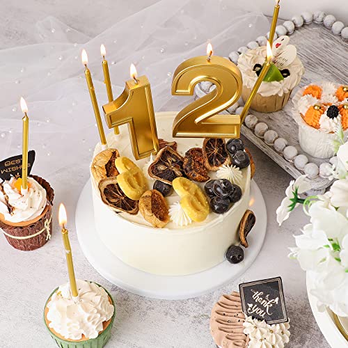 3.94 Inches Oversized 1 Candle Birthday Candles Numbers with 6 Gold Long Thin Metallic Birthday Candles Gold Birthday Candles One Candle Cake Number Candles, Party Celebration (Number 2)