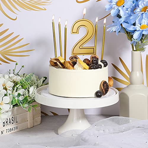 3.94 Inches Oversized 1 Candle Birthday Candles Numbers with 6 Gold Long Thin Metallic Birthday Candles Gold Birthday Candles One Candle Cake Number Candles, Party Celebration (Number 2)