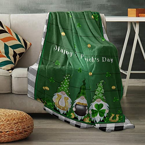 Flannel Fleece Throw Blanket,St. Patrick's Day Clover Gnome Black White Lattice Lightweight Soft Warm Throws,Shamrock Wooden Board Cozy Plush Blankets for Bed Couch Car Office All Seasons Use 40x60In