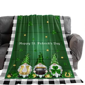 Flannel Fleece Throw Blanket,St. Patrick's Day Clover Gnome Black White Lattice Lightweight Soft Warm Throws,Shamrock Wooden Board Cozy Plush Blankets for Bed Couch Car Office All Seasons Use 40x60In