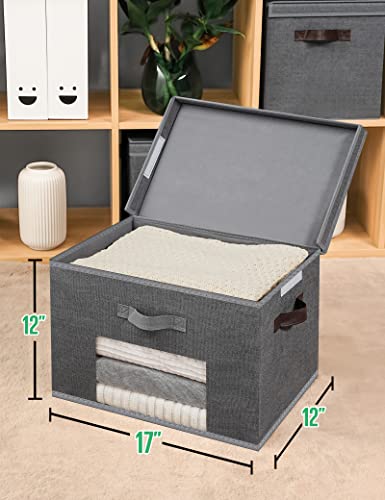 DAMAHOME Collapsible Storage Bins with Lids - Closet Clothes Box Clear Window, Large Foldable Fabric Basket Cube Organizer for Bedroom,Underbed,Kids Toy Chest 3-PACK 17" Lx12 Wx12 H(GREY)