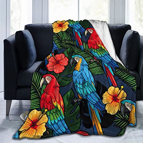 Macaw and Hibiscus Flowers Throw Blanket Flannel Throws Ultra Soft Bedspread Microfiber Blankets Durable Home Decor Perfect Warm for Bed Sofa Couch Chair