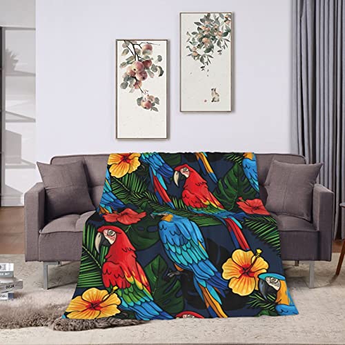 Macaw and Hibiscus Flowers Throw Blanket Flannel Throws Ultra Soft Bedspread Microfiber Blankets Durable Home Decor Perfect Warm for Bed Sofa Couch Chair