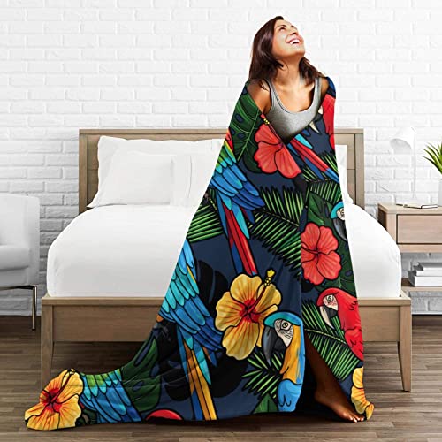 Macaw and Hibiscus Flowers Throw Blanket Flannel Throws Ultra Soft Bedspread Microfiber Blankets Durable Home Decor Perfect Warm for Bed Sofa Couch Chair