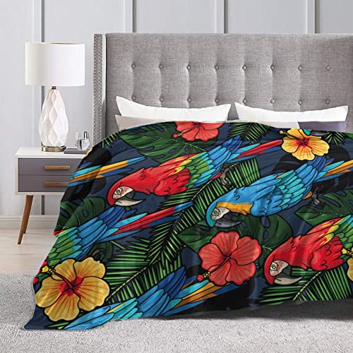 Macaw and Hibiscus Flowers Throw Blanket Flannel Throws Ultra Soft Bedspread Microfiber Blankets Durable Home Decor Perfect Warm for Bed Sofa Couch Chair