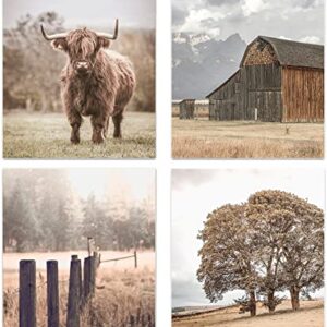 RUIYAN Farmhouse Landscape Wall Art, Highland Cow Decorations, Western Country Photography Canvas Art Prints for Living Room Bedroom Decor, Fall Forest Nature Prints, Set of 4(8''x10'', Unframed)