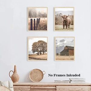 RUIYAN Farmhouse Landscape Wall Art, Highland Cow Decorations, Western Country Photography Canvas Art Prints for Living Room Bedroom Decor, Fall Forest Nature Prints, Set of 4(8''x10'', Unframed)