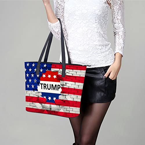 American USA Flag And Trump Stylish Leather Tote Bag Casual Ladies Shoulder Bags For Work School Travel Business Shopping